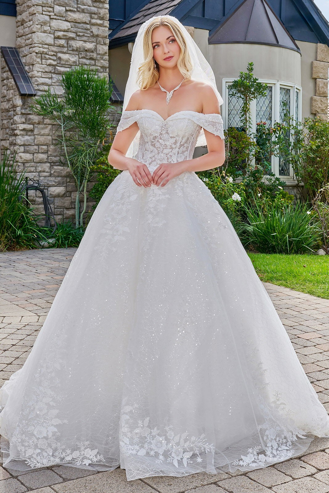 Double Fold Over Off-Shoulder Strap V-Neckline Ball Gown Wedding Dress ...